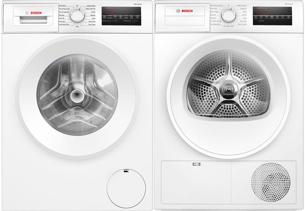 Bosch 300 Series White Compact Front Load Washer with Electric Dryer