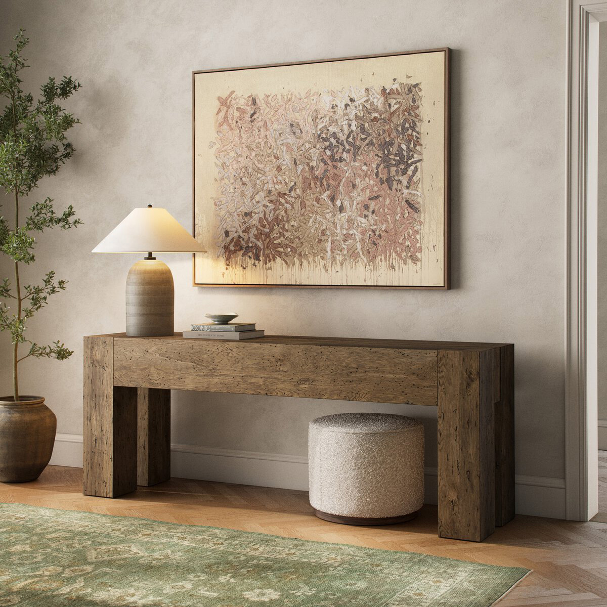 Four Hands Abaso Console Table in Rustic Wormwood Oak - 229656-002
