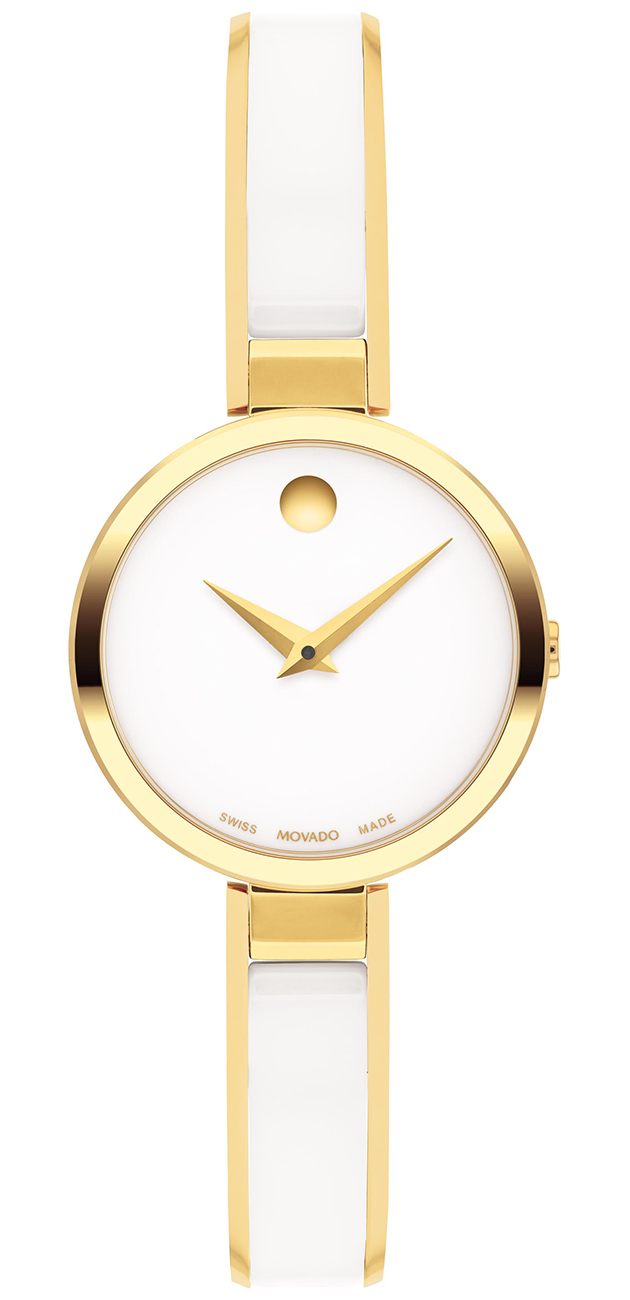 Movado Moda White Dial Yellow Gold PVD Bangle Watch 0607715