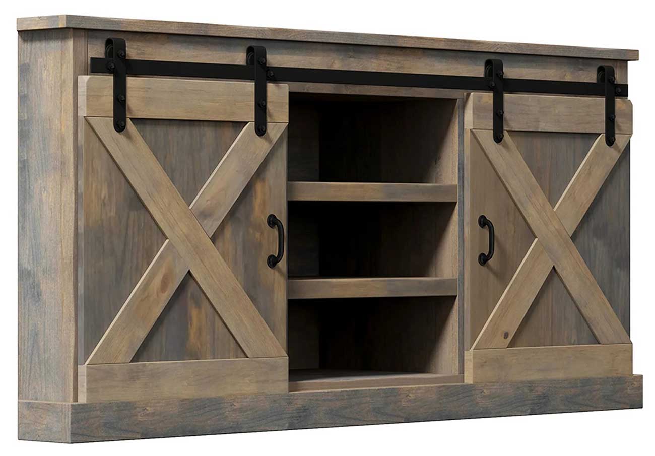 Legends Furniture Farmhouse 66" Corner TV Stand in Barnwood