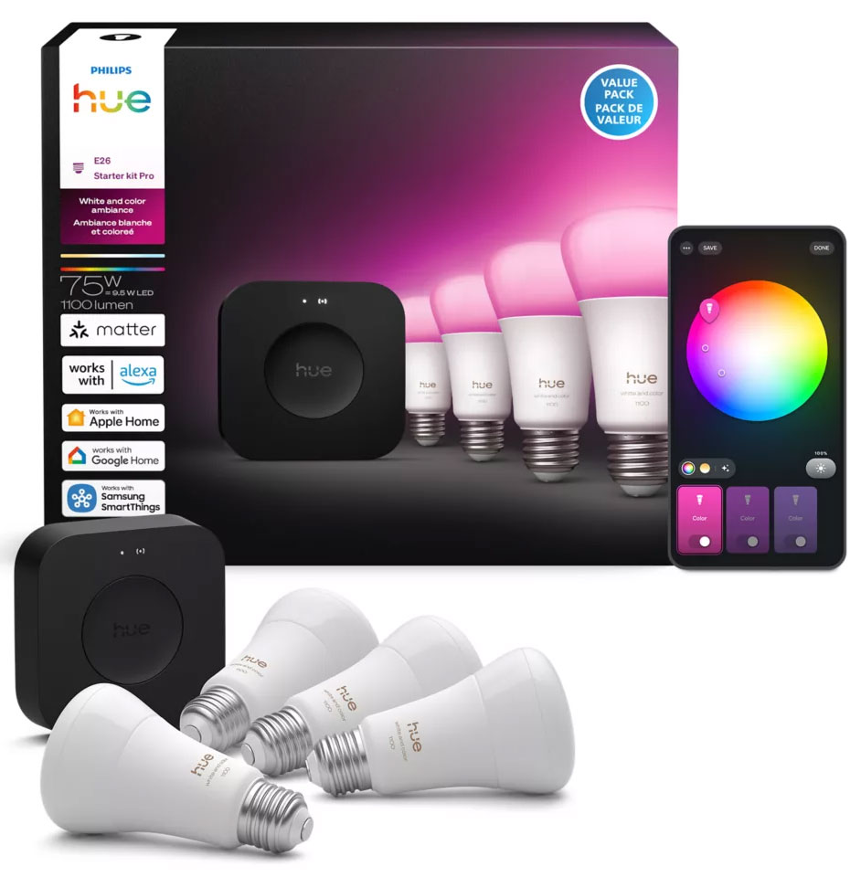 Philips Hue 4 E26 Color-capable Bulbs with Bridge Pro - 591909